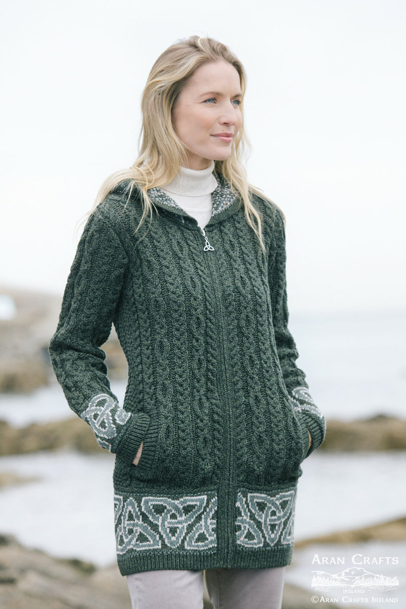 Aran Crafts - Celtic Jacquard Hood Coat (Army Green) – Fergus Scottish ...