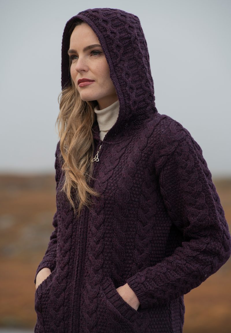 Aran Crafts Hooded Celtic Zip Coat - Damson – Fergus Scottish Corner ...